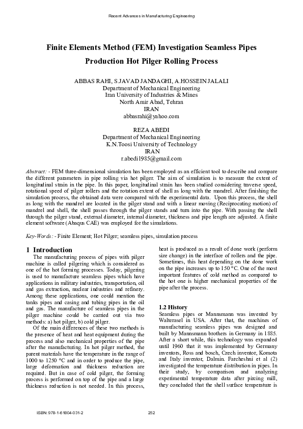 (PDF) Finite Elements Method (FEM) Investigation Seamless Pipes Production Hot Pilger Rolling ...
