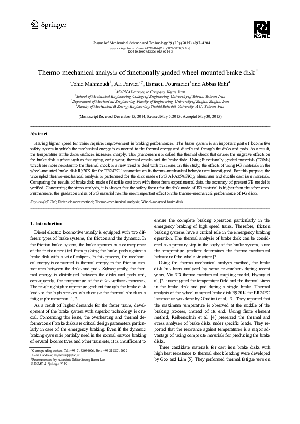 (PDF) Thermo-mechanical analysis of functionally graded wheel-mounted brake disk
