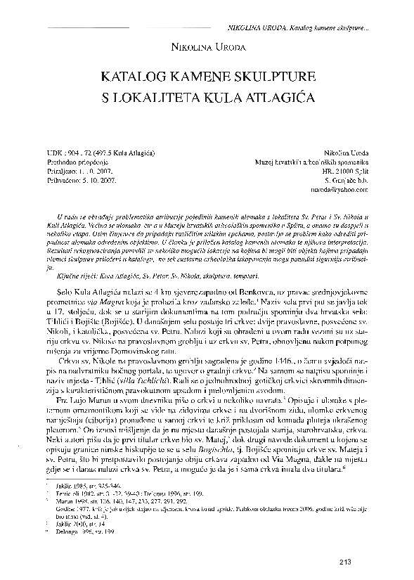 (PDF) Katalog Kamene Skulpture S Lokaliteta Kula Atlagića // Catalogue ...