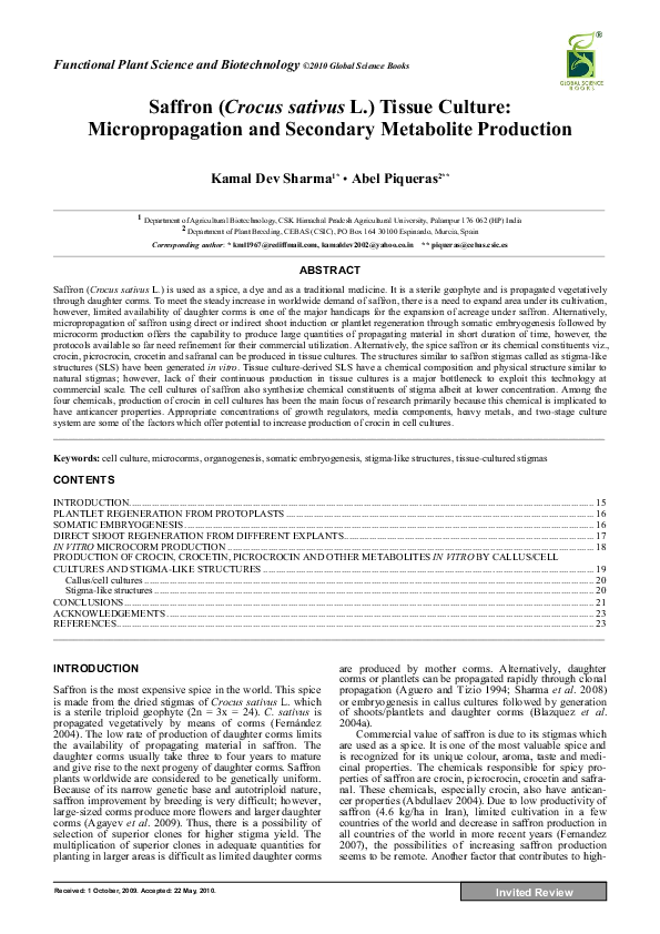 (PDF) Saffron (Crocus sativus L.) Tissue Culture: Micropropagation and ...