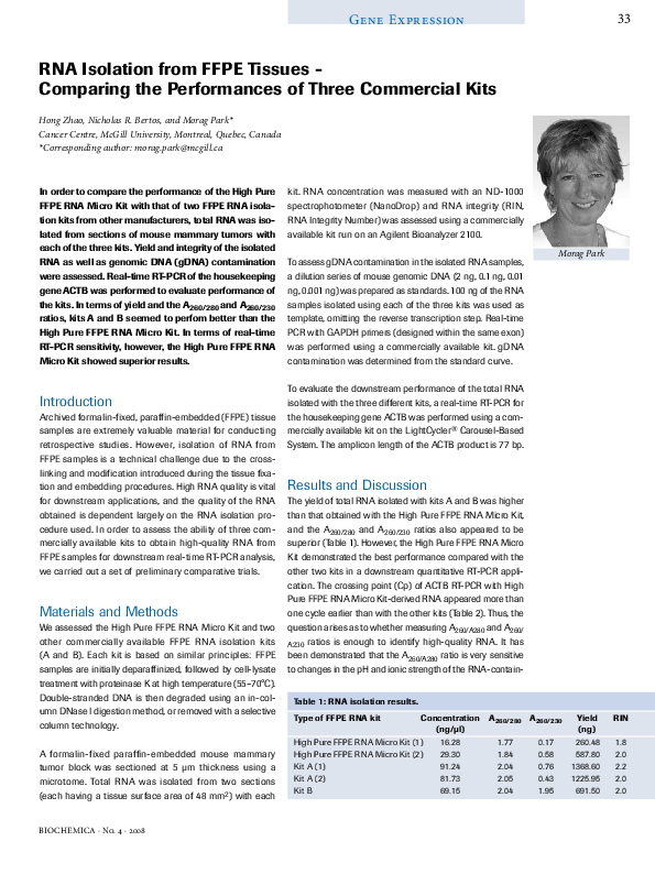 (PDF) RNA Isolation from FFPE Tissues - Comparing the Performances of ...
