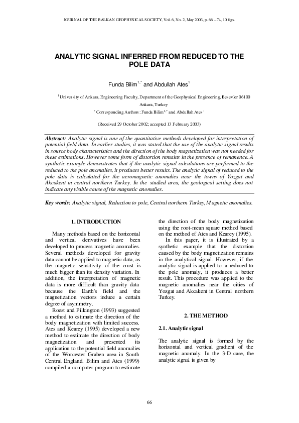 (PDF) Analytic Signal Inferred from Reduced to the Pole Data