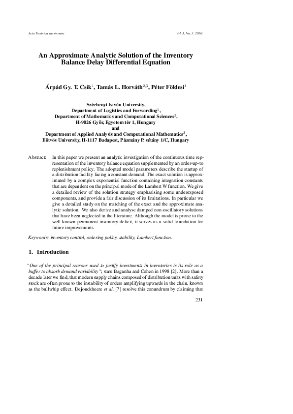 (PDF) An Approximate Analytic Solution of the Inventory Balance Delay ...