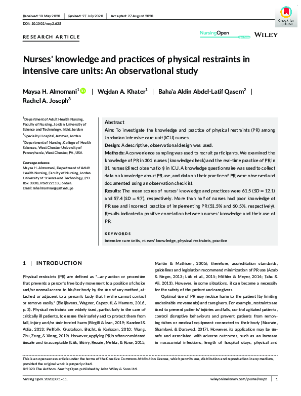 (PDF) Nurses' knowledge and practices of physical restraints in intensive care units: An ...