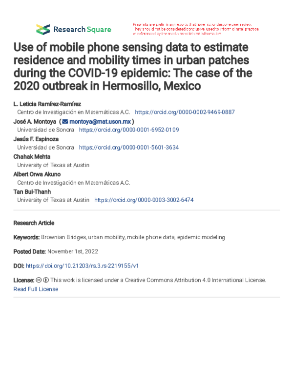 Pdf Use Of Mobile Phone Sensing Data To Estimate Residence And Mobility Times In Urban Patches