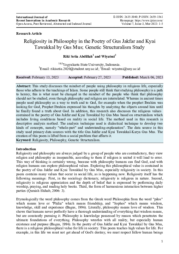 (PDF) Religiosity in Philosophy in the Poetry of Gus Jakfar and Kyai ...
