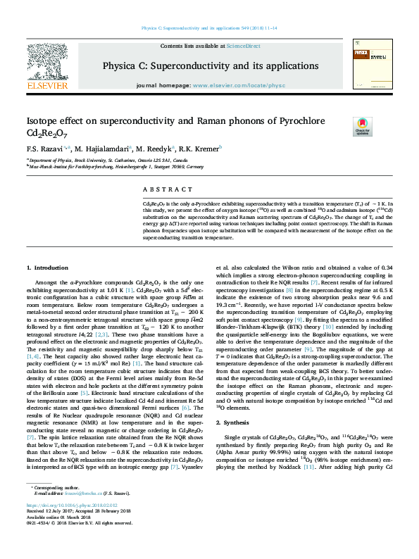 (PDF) Isotope effect on superconductivity and Raman phonons of Pyrochlore Cd2Re2O7