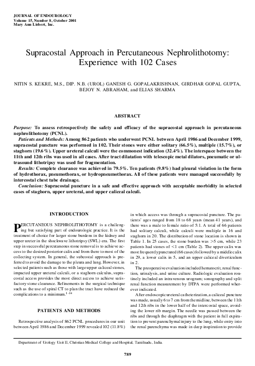(PDF) Supracostal Approach in Percutaneous Nephrolithotomy: Experience ...