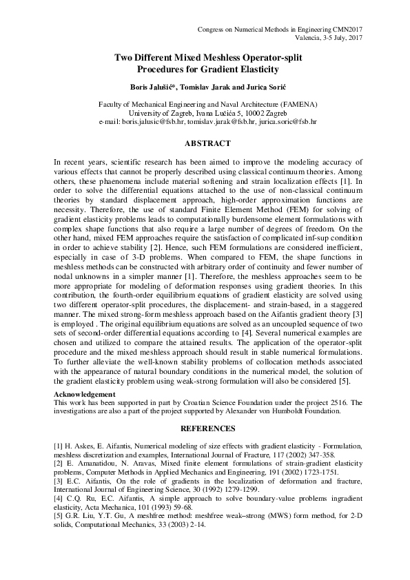 (PDF) Two Different Mixed Meshless Operator-split Procedures for Gradient Elasticity