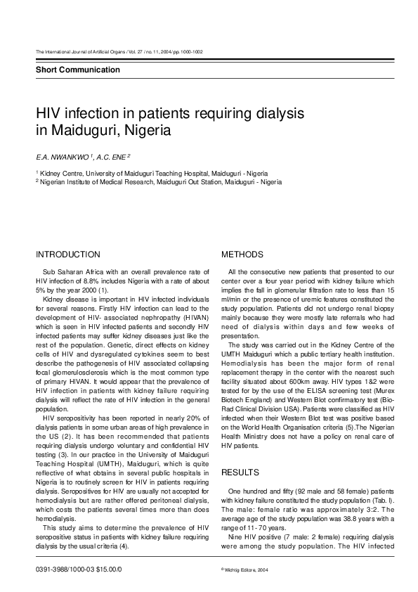 (PDF) HIV Infection in Patients Requiring Dialysis in Maiduguri, Nigeria