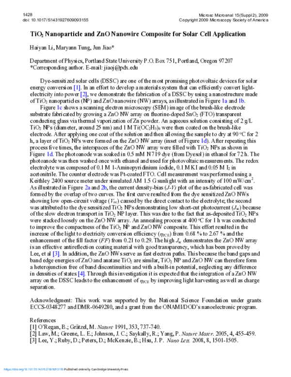 (PDF) TiO2 Nanoparticle and ZnO Nanowire Composite for Solar Cell ...