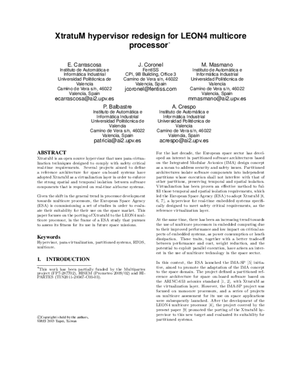 (PDF) XtratuM hypervisor redesign for LEON4 multicore processor