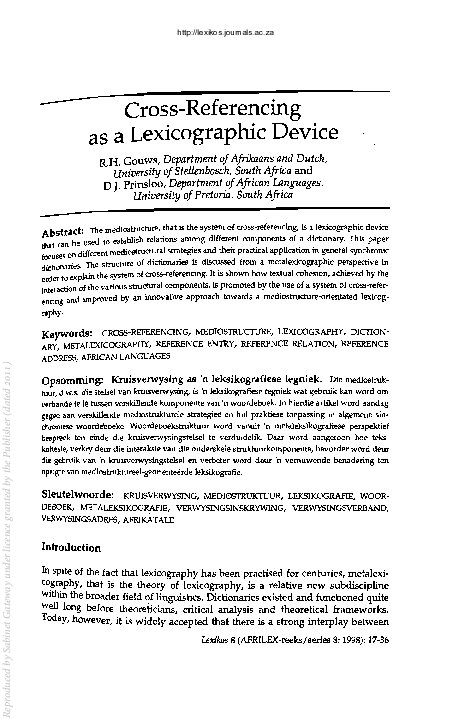 (PDF) Cross-Referencing as a Lexicographic Device