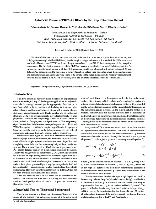 (PDF) Interfacial tension of PBT/SAN blends by the drop retraction method