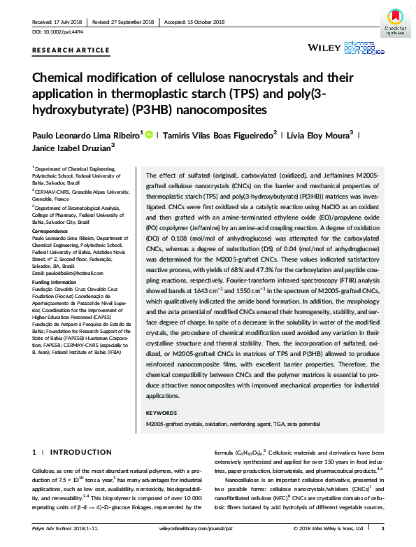 (PDF) Chemical modification of cellulose nanocrystals and their application in thermoplastic ...