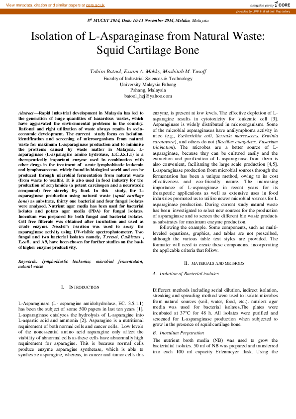 (PDF) Isolation of L-Asparaginase from Natural Waste: Squid Cartilage Bone