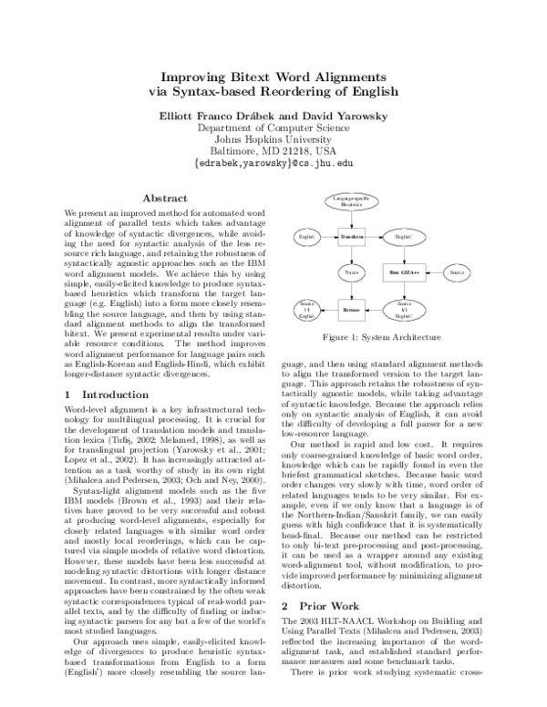 (PDF) Improving bitext word alignments via syntax-based reordering of English