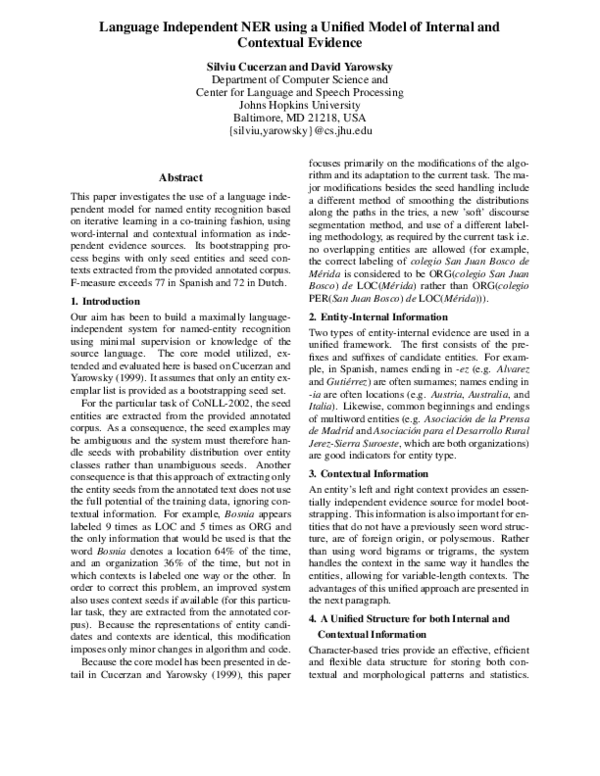 (PDF) Language independent NER using a unified model of internal and ...