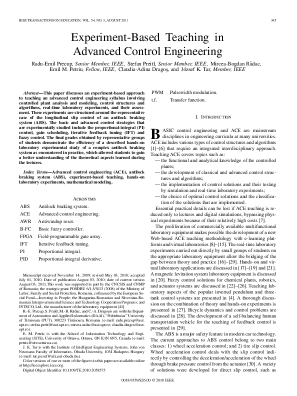 (PDF) Experiment-Based Teaching in Advanced Control Engineering