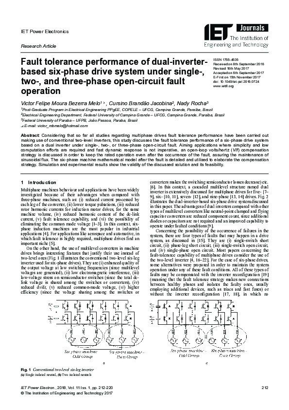 (PDF) Fault tolerance performance of dual‐inverter‐based six‐phase drive system under single ...