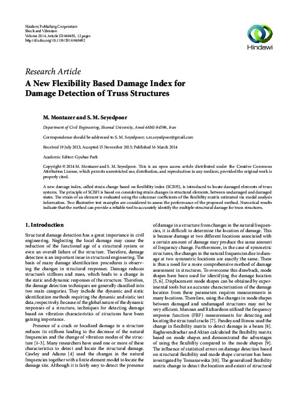 (PDF) A New Flexibility Based Damage Index for Damage Detection of ...
