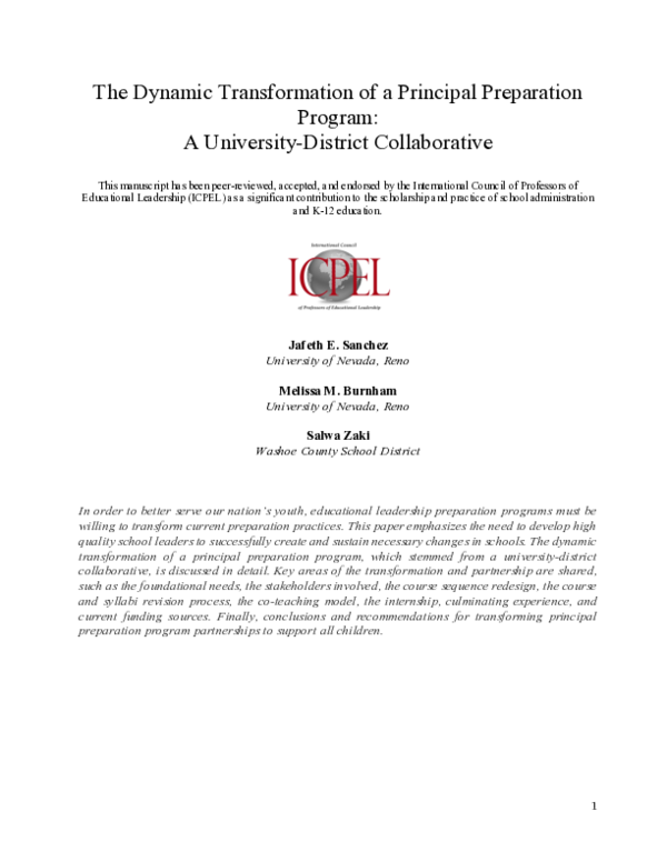 (PDF) The Dynamic Transformation of a Principal Preparation Program: A University-District ...
