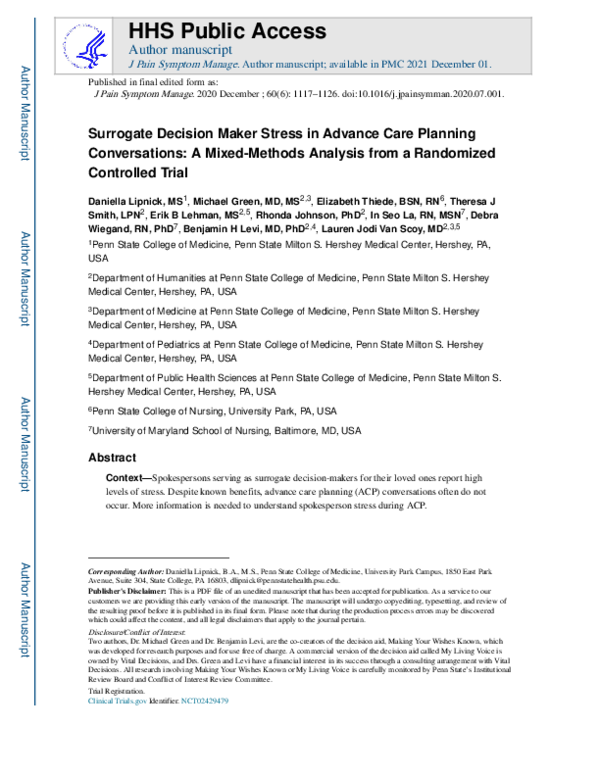 Pdf Surrogate Decision Maker Stress In Advance Care Planning Conversations A Mixed Methods