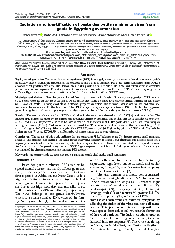 (PDF) Isolation and identification of peste des petits ruminants virus ...
