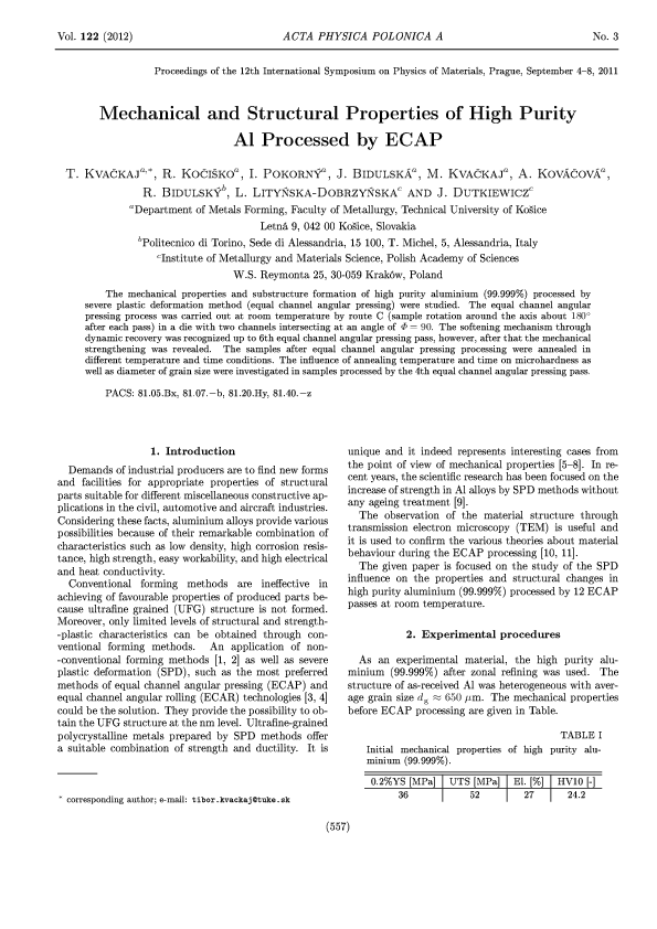 (PDF) Mechanical and Structural Properties of High Purity Al Processed by ECAP