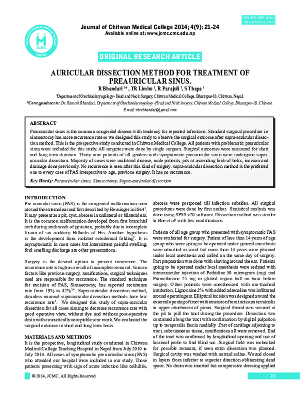 (PDF) Auricular dissection method for treatment of preauricular sinus