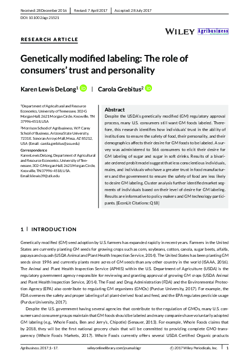 (PDF) Genetically modified labeling: The role of consumers’ trust and ...