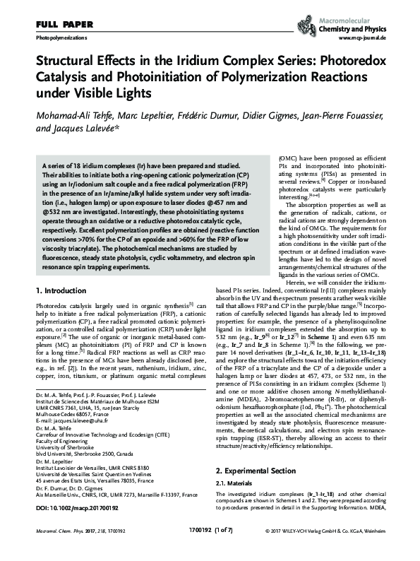 (PDF) Structural Effects in the Iridium Complex Series: Photoredox ...