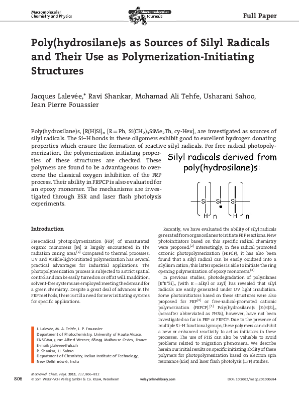 (PDF) Poly(hydrosilane)s as Sources of Silyl Radicals and Their Use as ...
