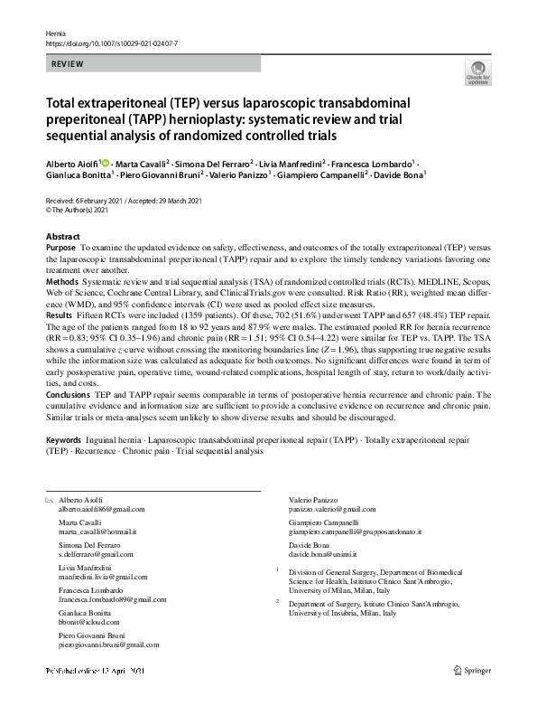 (PDF) Total extraperitoneal (TEP) versus laparoscopic transabdominal preperitoneal (TAPP ...