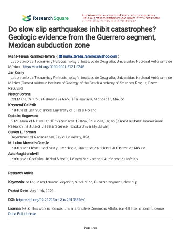 (PDF) Do slow slip earthquakes inhibit catastrophes? Geologic evidence ...