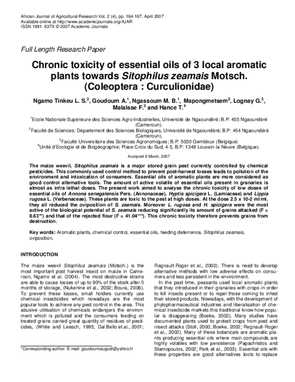 (PDF) Chronic Toxicity Of Essential Oils Of 3 Local Aromatic Plants ...
