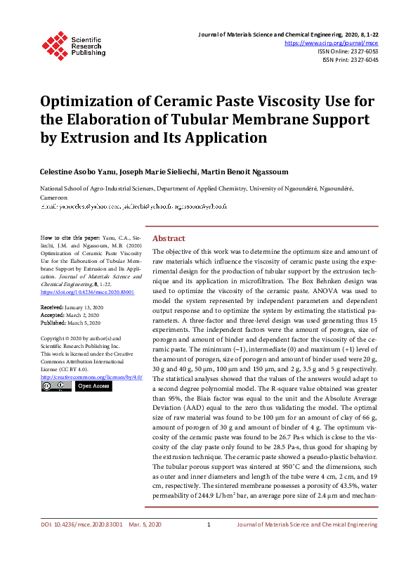 (PDF) Optimization of Ceramic Paste Viscosity Use for the Elaboration of Tubular Membrane ...