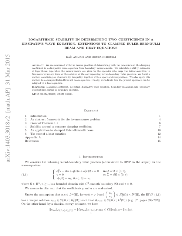 (PDF) Logarithmic stability in determining two coefficients in a dissipative wave equation ...