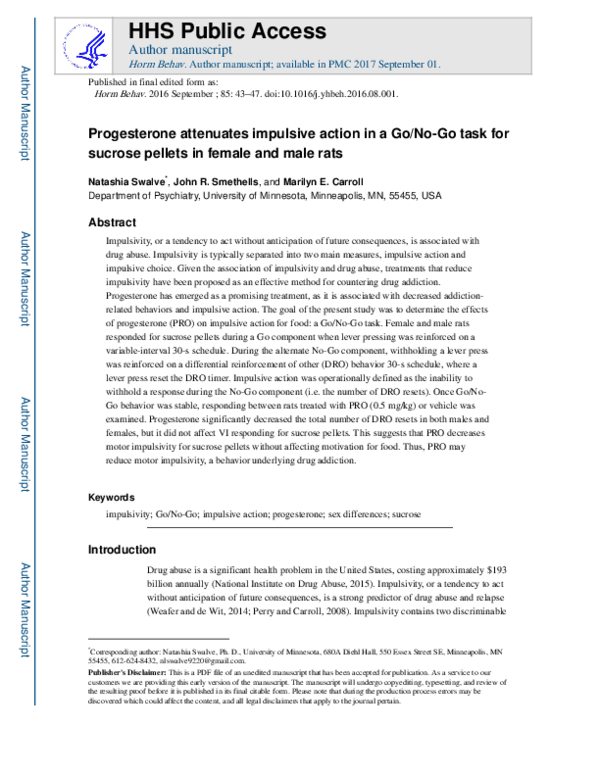 (PDF) Progesterone attenuates impulsive action in a Go/No-Go task for ...