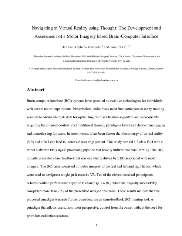 (PDF) Navigating in Virtual Reality using Thought: The Development and Assessment of a Motor ...