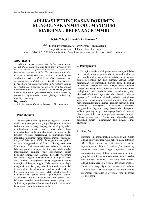 (PDF) Aplikasi Peringkasan Dokumen Menggunakan Metode Maximum Marginal Relevance (MMR)