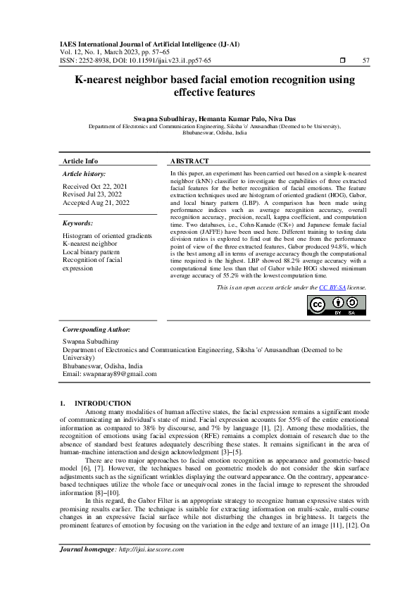 (PDF) K-nearest neighbor based facial emotion recognition using effective features