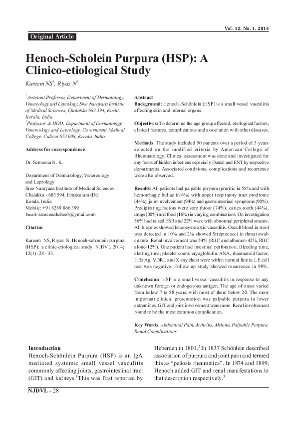 (PDF) Henoch-Scholein Purpura (HSP): A Clinico-etiological Study