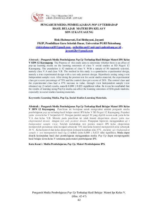 (PDF) Pengaruh Media Pembelajaran Pop Up Terhadap Hasil Belajar Materi Ips Kelas V SD Negeri 12 ...