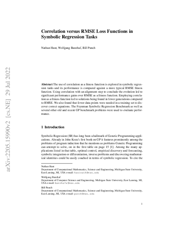 (PDF) Correlation versus RMSE Loss Functions in Symbolic Regression Tasks