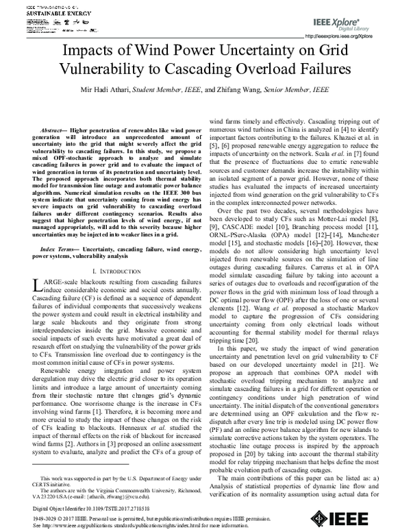 (PDF) Impacts of Wind Power Uncertainty on Grid Vulnerability to Cascading Overload Failures