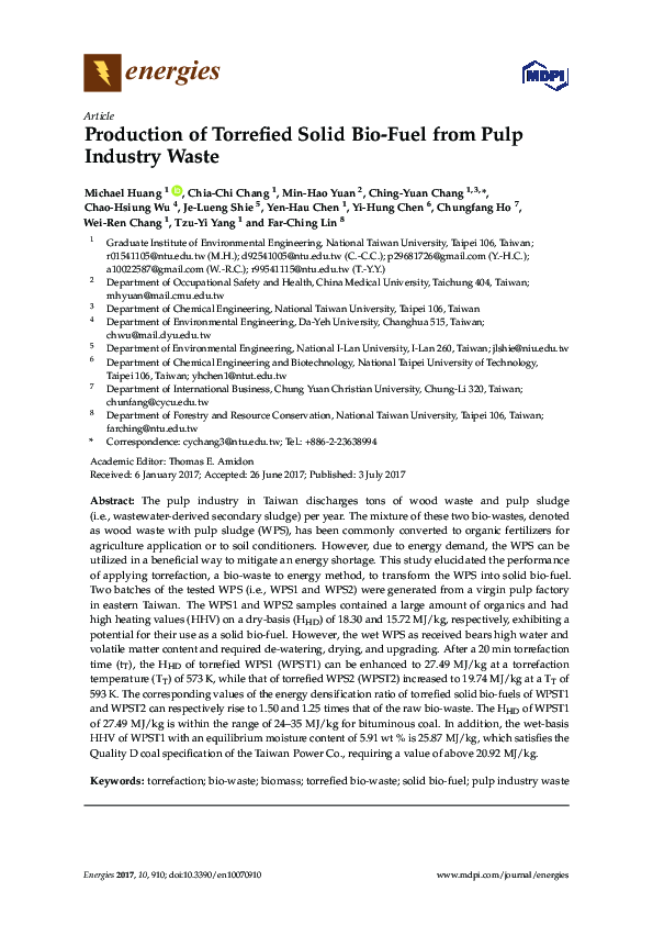 (PDF) Production of Torrefied Solid Bio-Fuel from Pulp Industry Waste