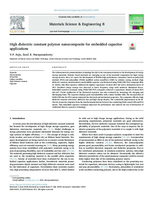 (PDF) High dielectric constant polymer nanocomposite for embedded capacitor applications