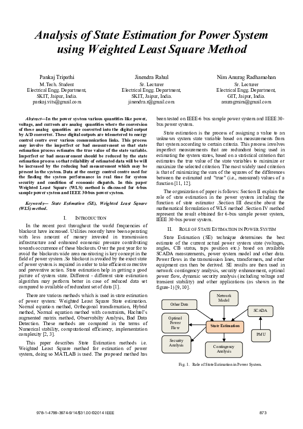 (PDF) Analysis of state estimation for power system using weighted least square method
