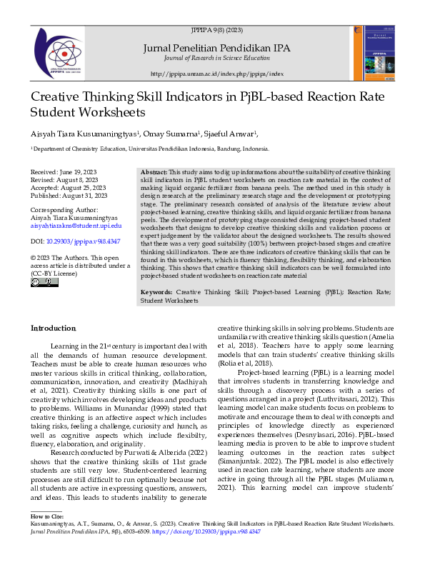 (PDF) Creative Thinking Skill Indicators in PjBL-based Reaction Rate Student Worksheets